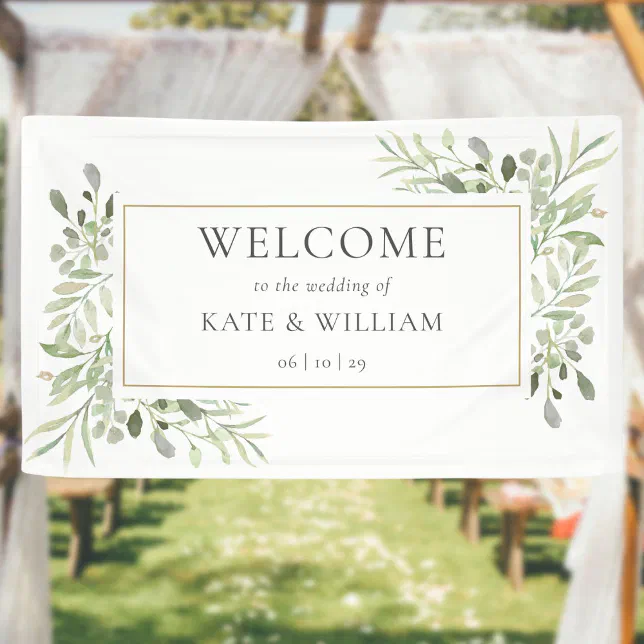 Elegant Greenery Foliage Wedding Welcome Banner | Zazzle