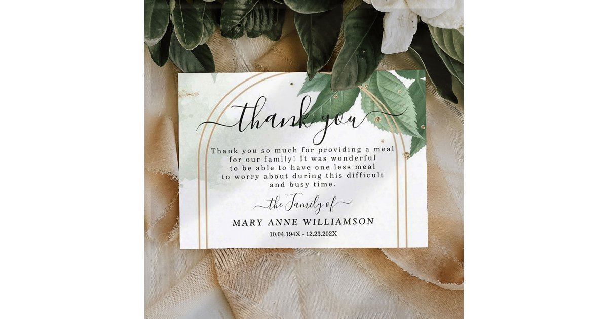 Elegant Greenery Funeral Food Thank You Card | Zazzle