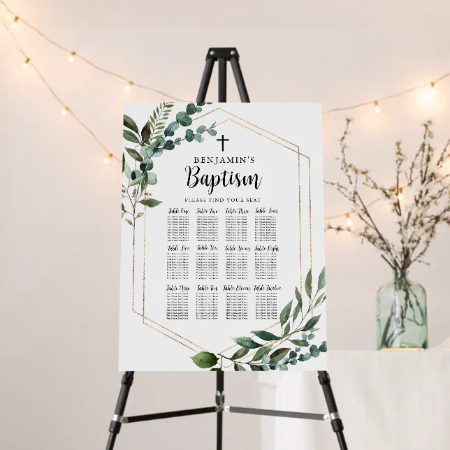 Elegant Greenery Gold Cross Baptism Seating Chart Foam Board | Zazzle