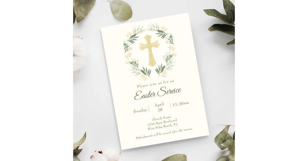 Elegant Greenery Gold Cross Church Easter Service Invitation | Zazzle