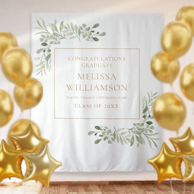 Elegant Greenery Gold Graduation Photo Backdrop | Zazzle