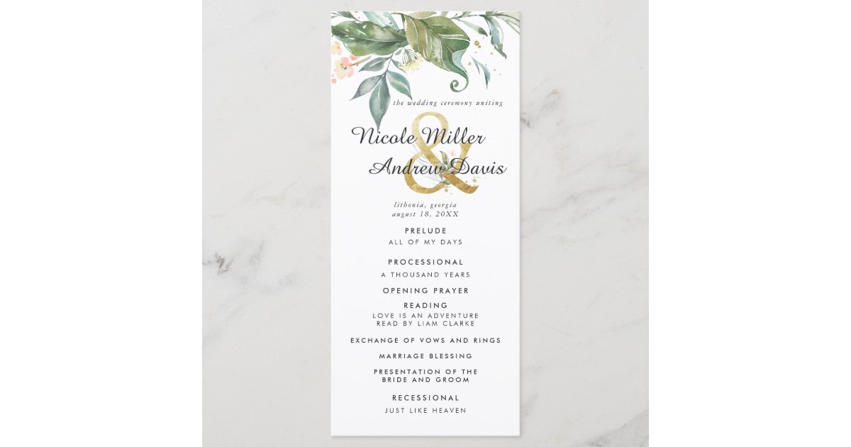 Elegant Greenery Gold Wedding Ceremony Program | Zazzle