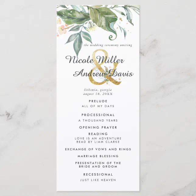 Elegant Greenery Gold Wedding Ceremony Program | Zazzle