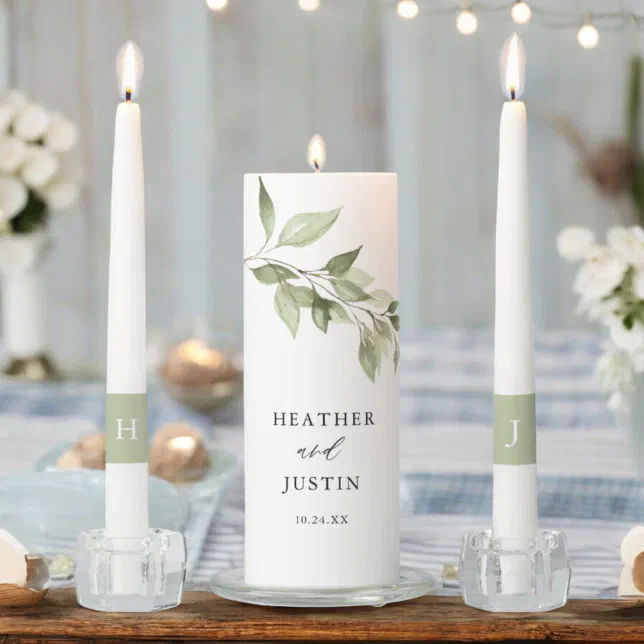 Elegant Greenery Monogram Wedding Ceremony Unity Candle Set | Zazzle