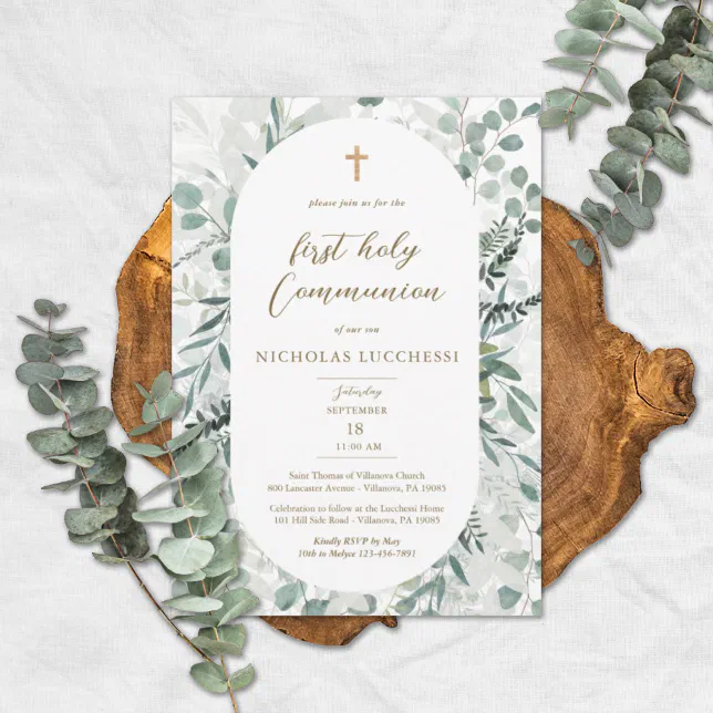 Elegant Greenery Oval Frame Communion Invitation | Zazzle