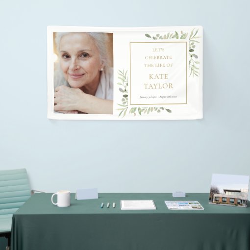 Elegant Greenery Photo Funeral Memorial Service Banner | Zazzle
