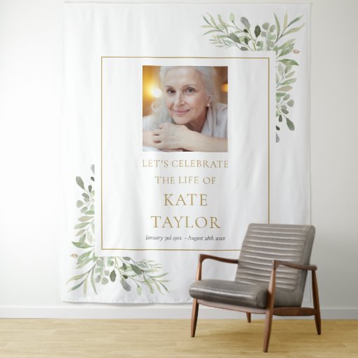 Elegant Greenery Photo Funeral Memorial Service Tapestry | Zazzle