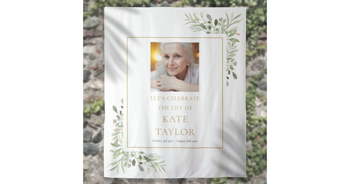 Elegant Greenery Photo Funeral Memorial Service Tapestry | Zazzle