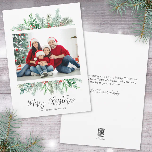 Elegant Greenery Photo Merry Christmas Holiday Card | Zazzle