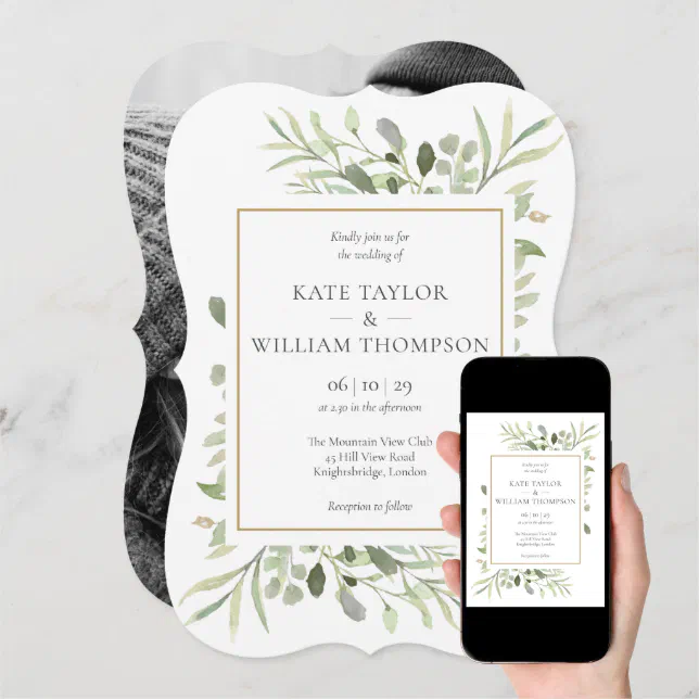 Elegant Greenery Photo Wedding Invitation | Zazzle