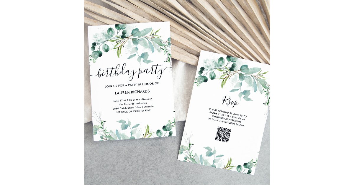 Elegant Greenery | QR Code Birthday Party Invitation | Zazzle