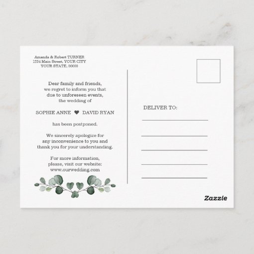 Elegant Greenery Same Wedding New Date Update Postcard | Zazzle