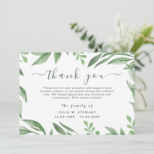 Elegant Greenery Simple Funeral Thank You Note Card | Zazzle