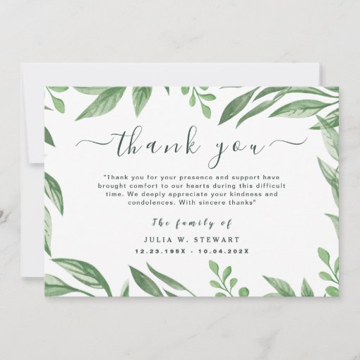 Elegant Greenery Simple Funeral Thank You Note Card | Zazzle