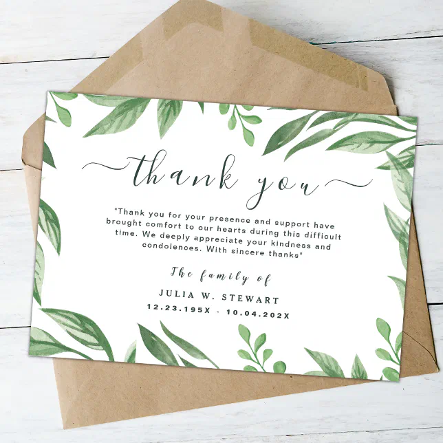 Elegant Greenery Simple Funeral Thank You Note Card | Zazzle