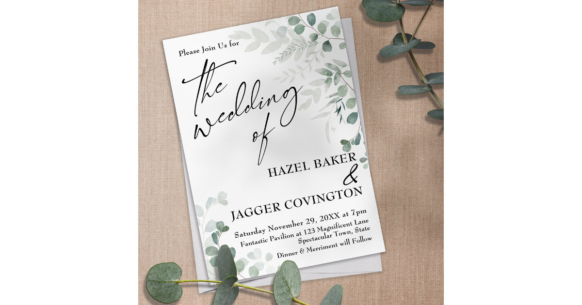 Elegant Greenery Simple Typography The Wedding Of Invitation | Zazzle
