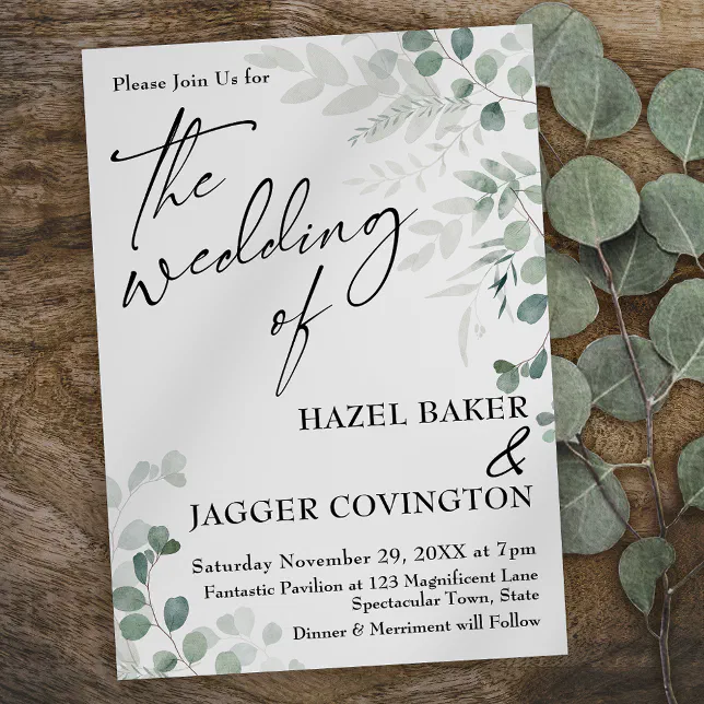 Elegant Greenery Simple Typography The Wedding Of Invitation | Zazzle