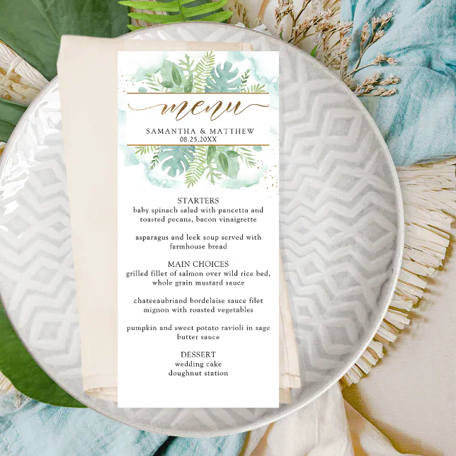 Elegant Greenery, Turquoise Blue Green Watercolor Menu | Zazzle