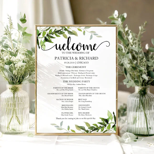 Elegant Greenery Wedding Ceremony Program Poster | Zazzle