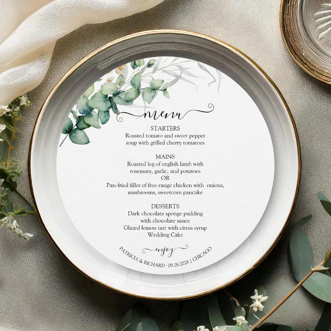 Elegant Greenery Wedding Circle Menu Card | Zazzle