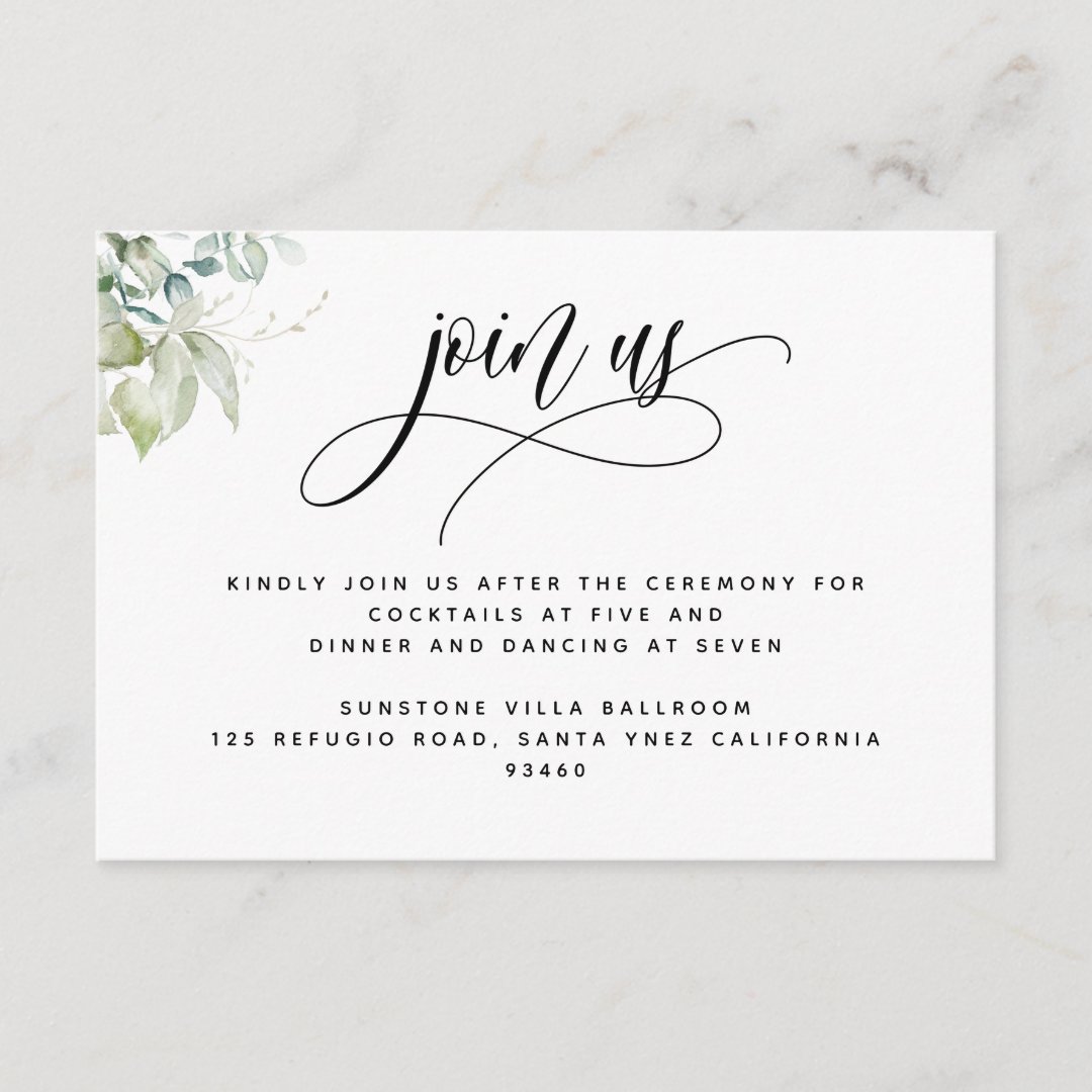 Elegant Greenery Wedding Join Us Reception Enclosure Card | Zazzle