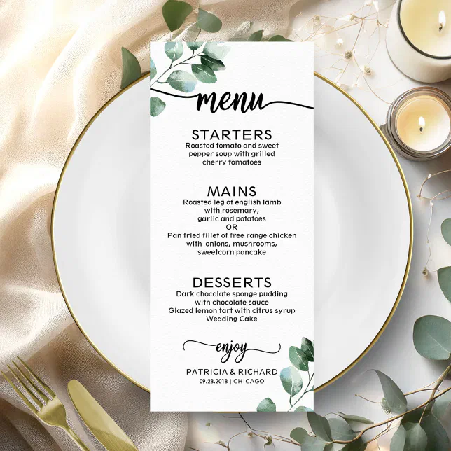 Elegant Greenery Wedding Menu | Zazzle