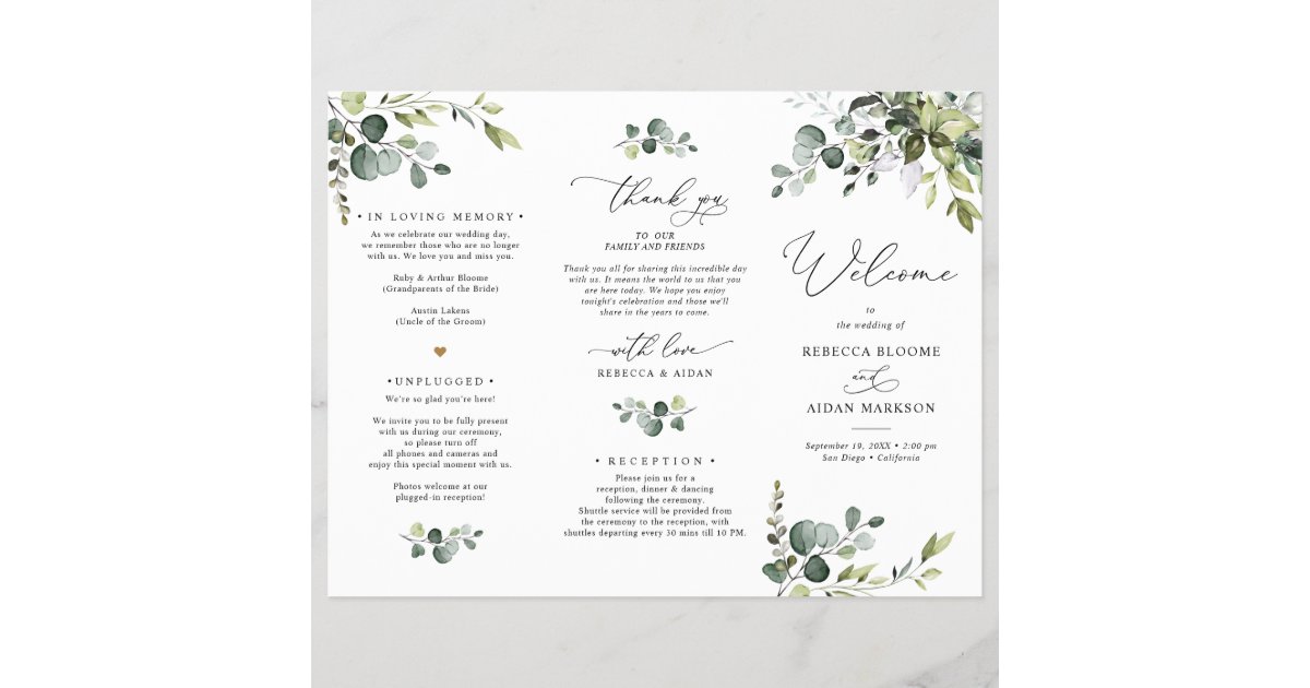 Elegant Greenery Wedding Program Tri-Fold | Zazzle