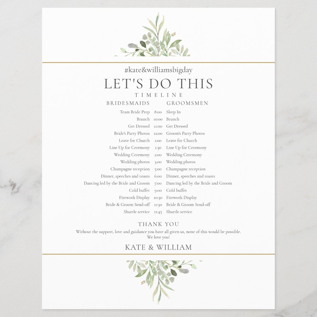 Elegant Greenery Wedding Schedule Timeline | Zazzle
