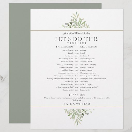 Elegant Greenery Wedding Schedule Timeline | Zazzle