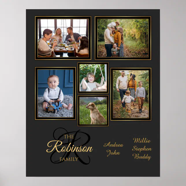 Elegant Grey Black Gold Photo Collage Family Name Poster | Zazzle