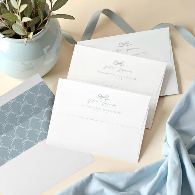 Elegant Hand Drawn Blue Bow & Ribbon Wedding Envelope | Zazzle