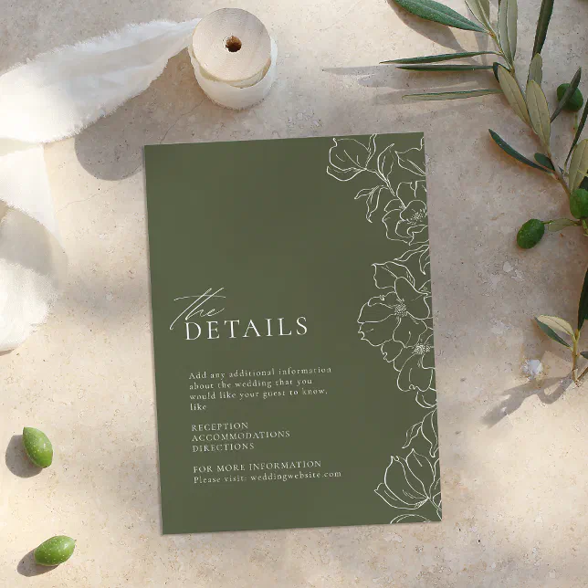 Elegant hand drawn floral sage green details enclosure card | Zazzle