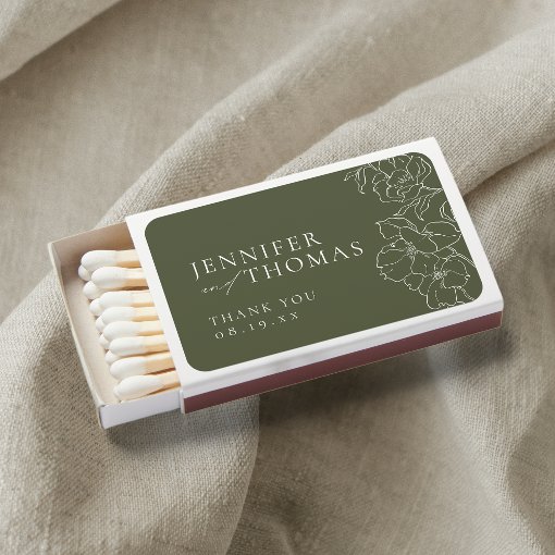 Elegant hand drawn floral sage green wedding Matchboxes | Zazzle
