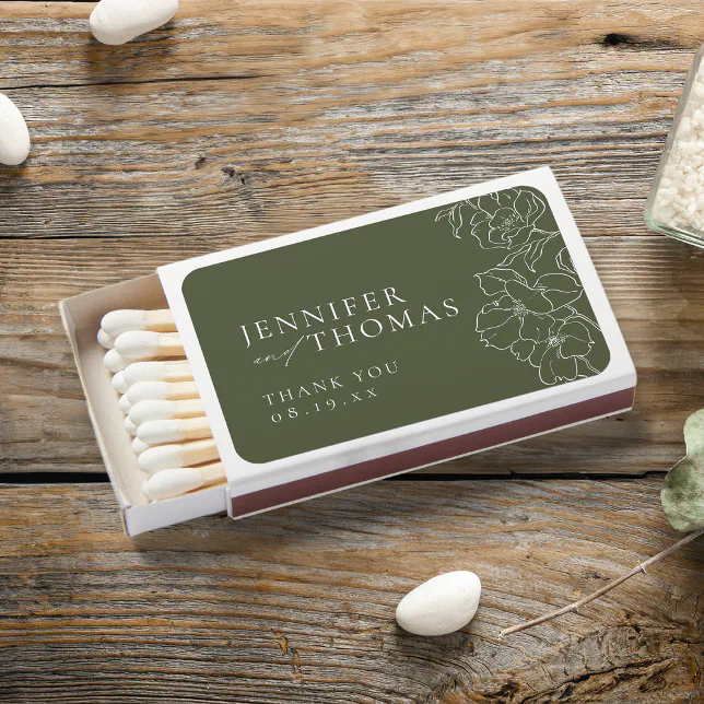Elegant hand drawn floral sage green wedding Matchboxes | Zazzle