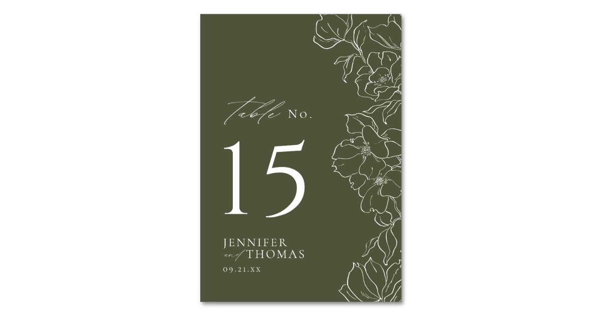 Elegant hand drawn floral sage green wedding Table Number | Zazzle