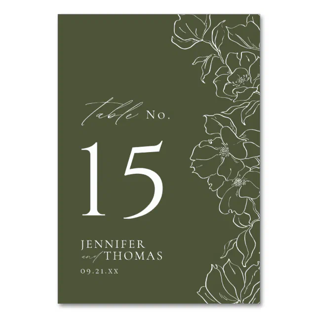 Elegant hand drawn floral sage green wedding Table Number | Zazzle