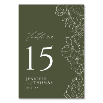 Elegant hand drawn floral sage green wedding Table Number | Zazzle