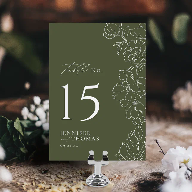 Elegant hand drawn floral sage green wedding Table Number | Zazzle