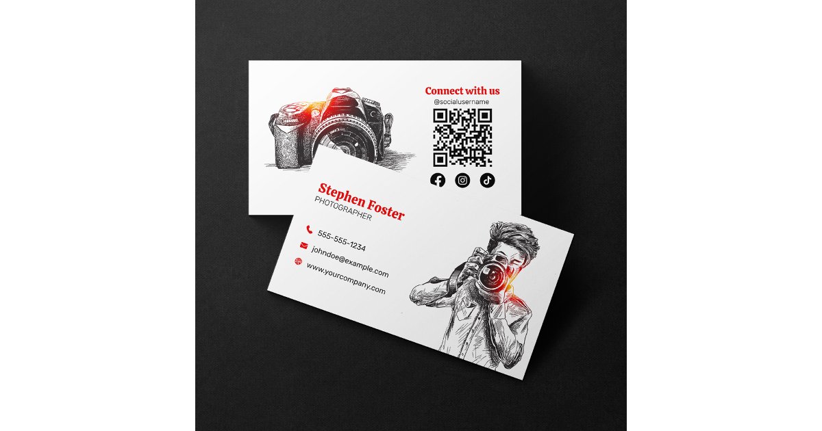 Elegant Hand Drawn Photography Camera QR Code Business Card | Zazzle