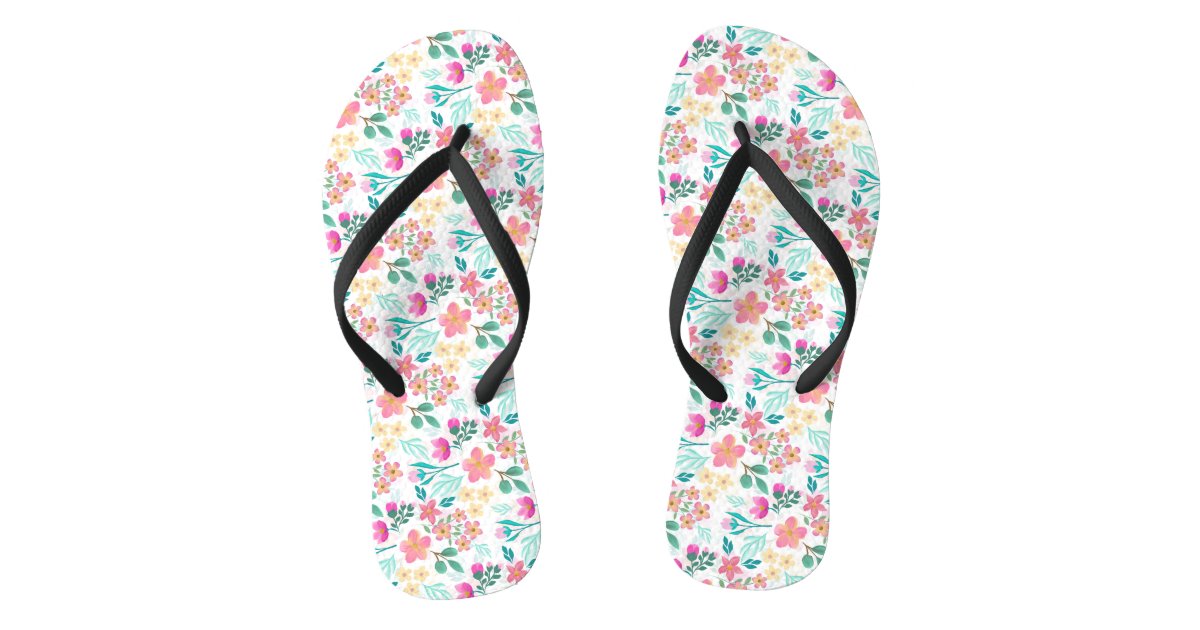 Elegant hand-drawn pink floral design flip flops | Zazzle