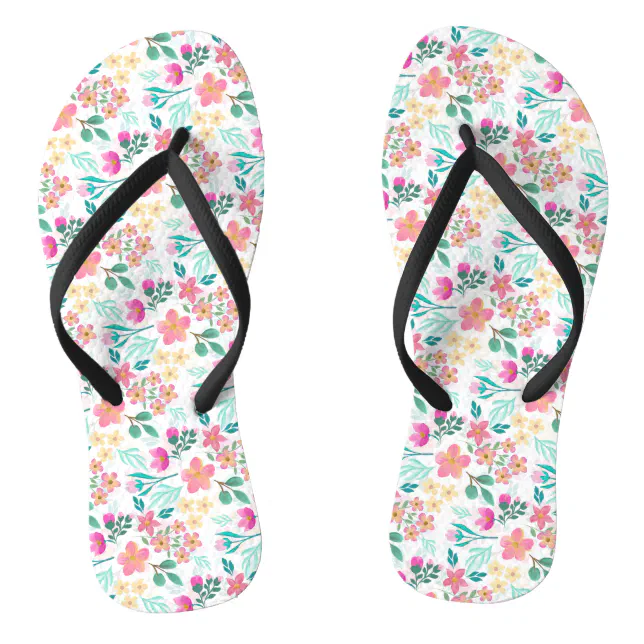 Elegant hand-drawn pink floral design flip flops | Zazzle