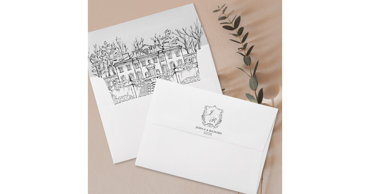 Elegant Hand Drawn Venue Chateau Monogram Crest Envelope | Zazzle