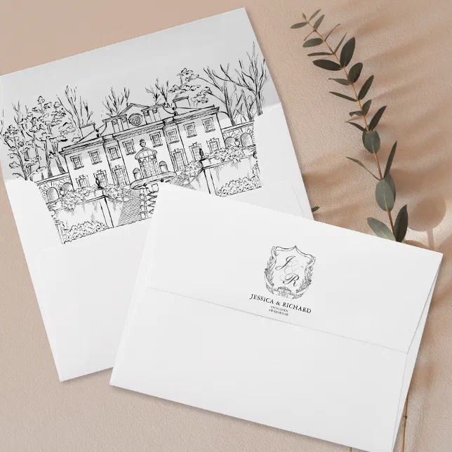 Elegant Hand Drawn Venue Chateau Monogram Crest Envelope | Zazzle
