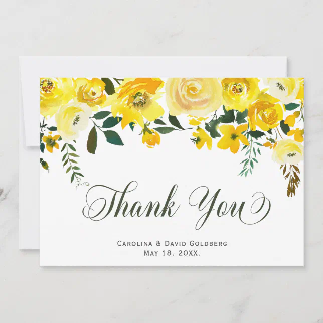 Elegant Hand Lettered Summer Yellow Rose Floral Thank You Card | Zazzle