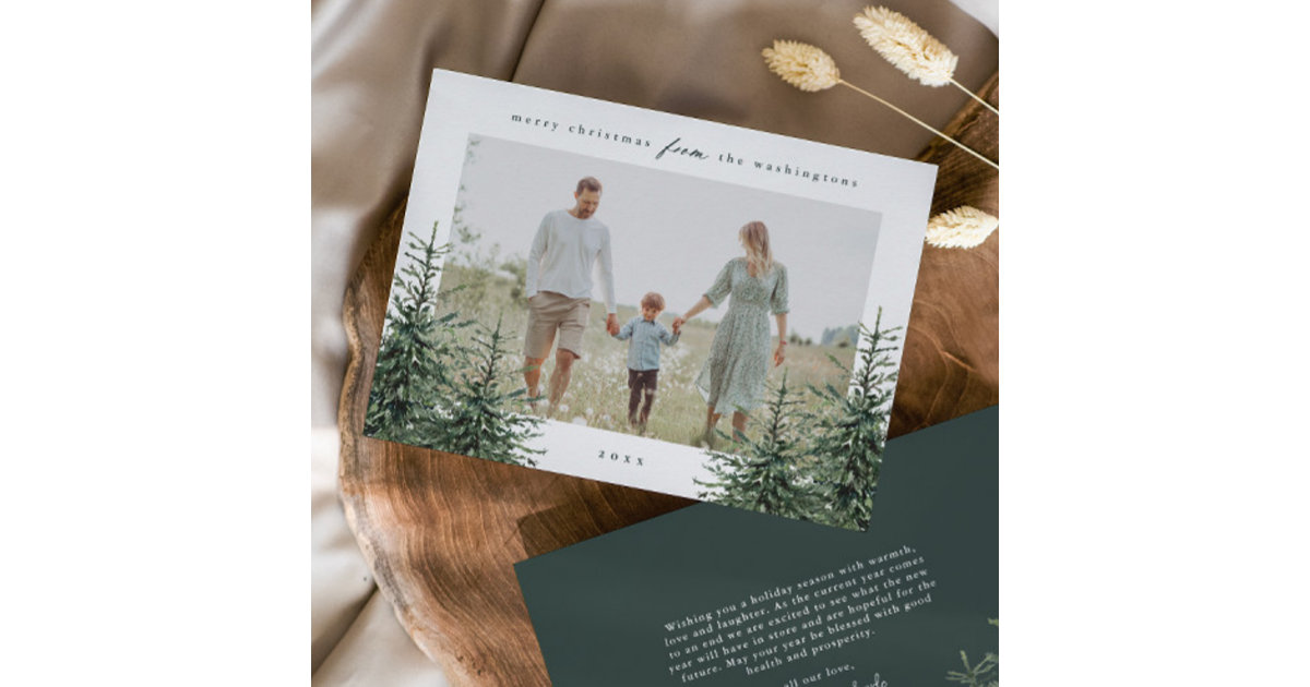 Elegant Hand-painted Pine Tree Photo Christmas Holiday Card | Zazzle