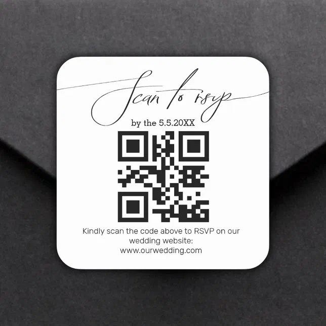 elegant handwriting rsvp qr code wedding square sticker | Zazzle