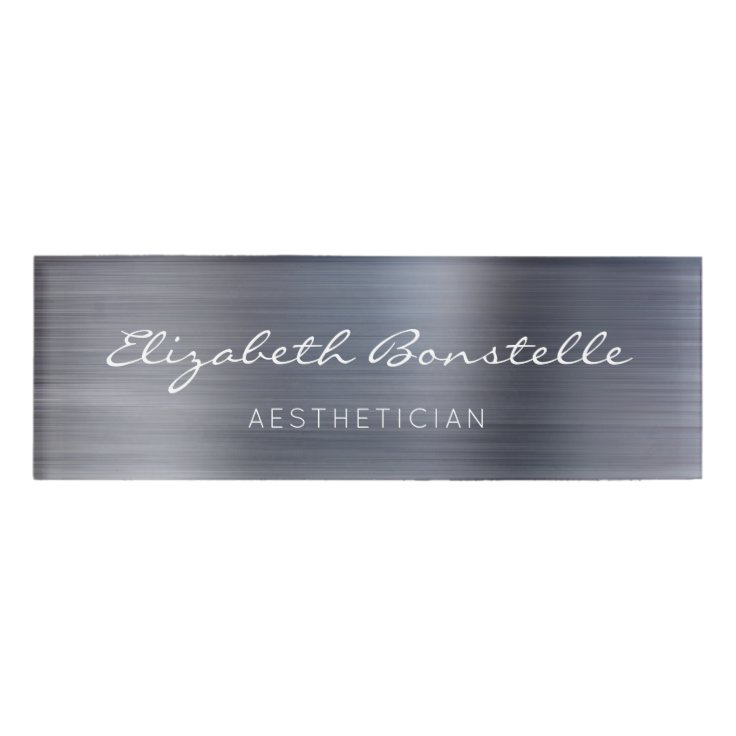 Elegant Handwriting Script Silver Brushed Metal Name Tag | Zazzle