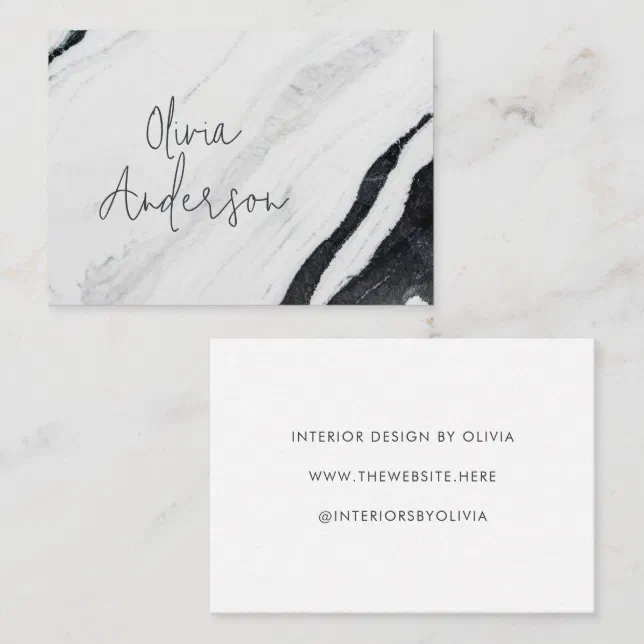 Elegant Handwritten Script Name Black White Marble Business Card | Zazzle