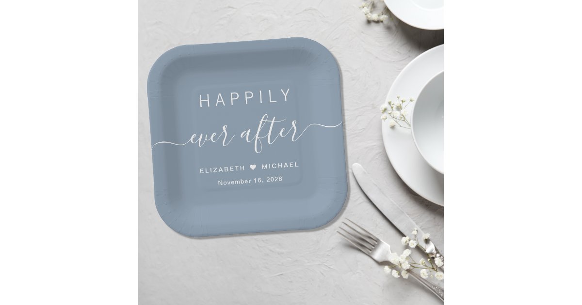 Elegant Happily Ever After Dusty Blue Wedding Paper Plates | Zazzle