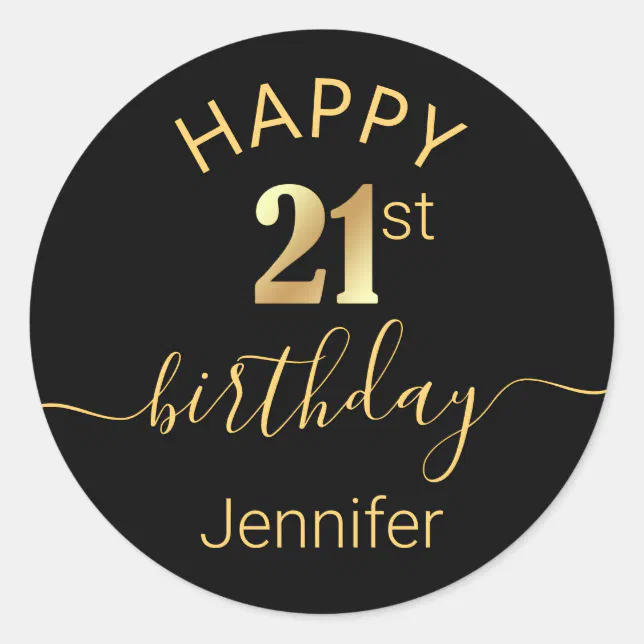 elegant happy birthday 21st gold black minimalist classic round sticker ...